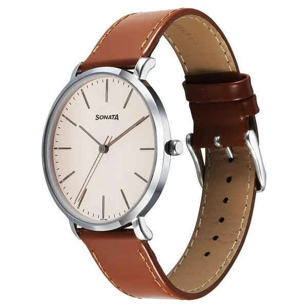 Sonata Ascent Quartz Analog Off White Dial Leather Strap Watch For Men ...